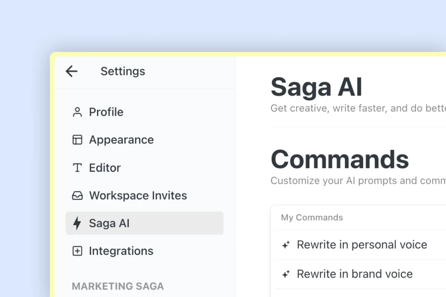 Comandos e solicitações de IA personalizados | Guias do Saga