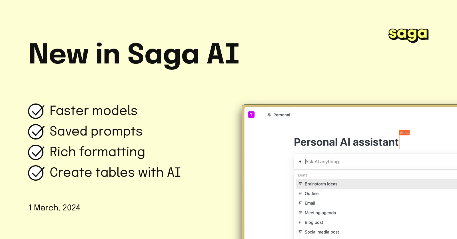 Saga AI: better models, saved prompts, and AI tables | Saga Updates